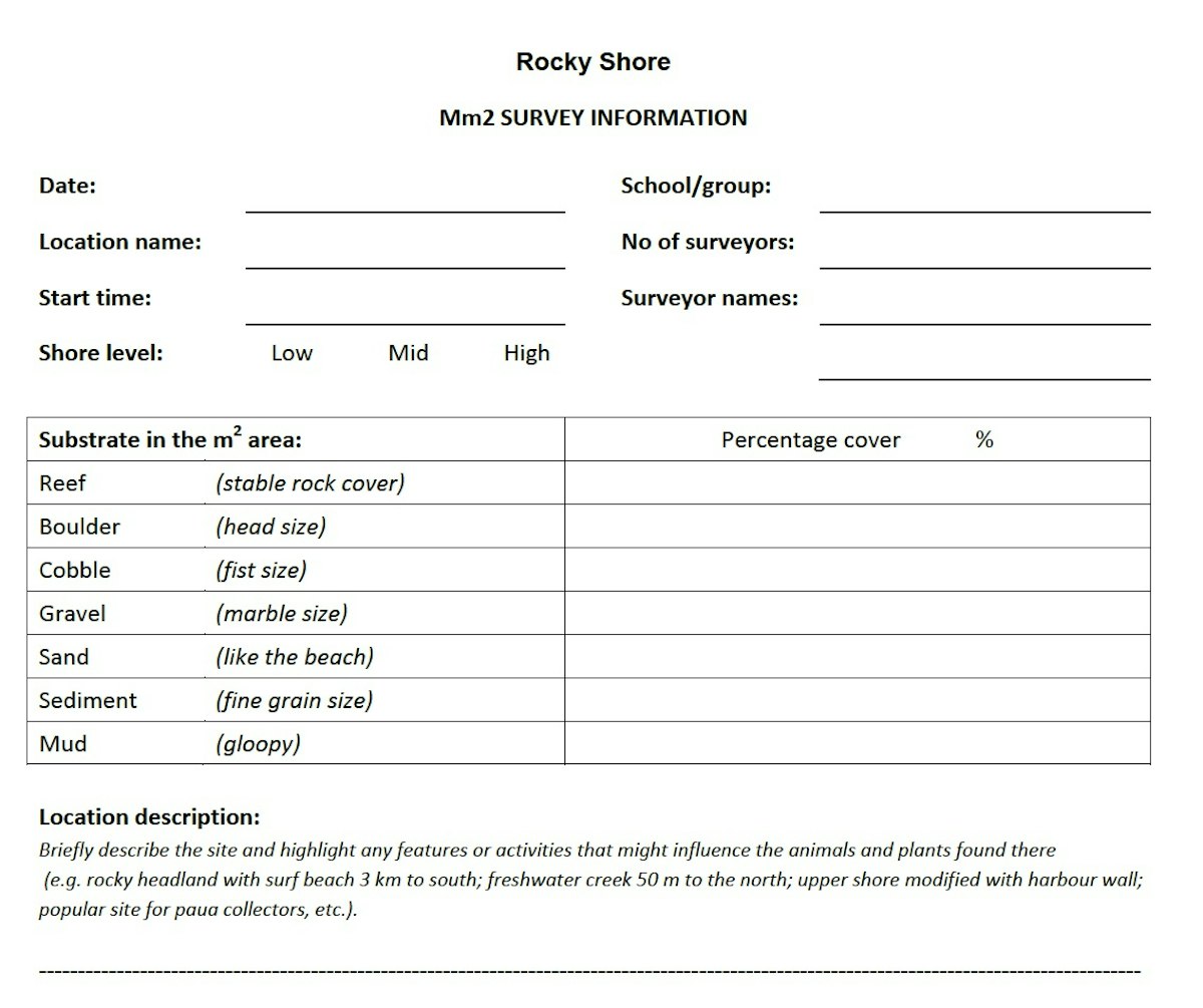 Marine Metre Squared survey information record sheet