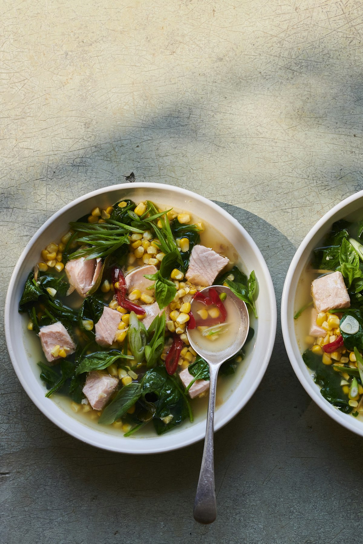 Salmon & Corn Broth with Makrut Lime & Thai Basil