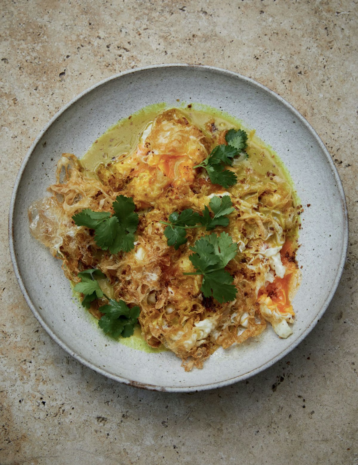 Fried eggs with kiri hodi and moru chilli crumb