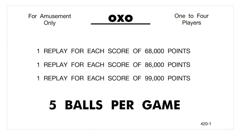 420-1 - OXO (Williams) Score Cards (5) - Marco Specialties Pinball Parts