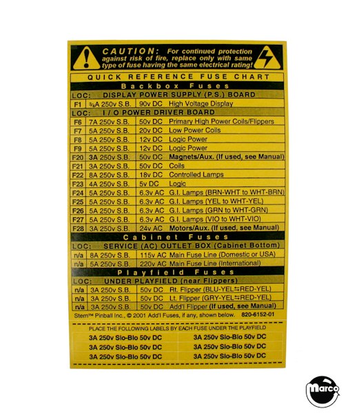 820-6152-01 - Decal - fuses Stern - Marco Specialties Pinball Parts