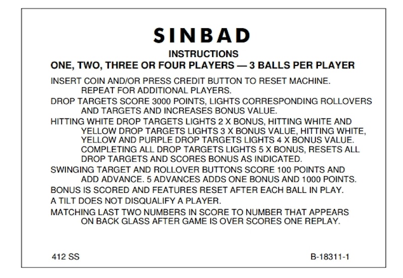 A-18311-1 - SINBAD SS (Gottlieb) Score Cards (4) - Marco Specialties ...