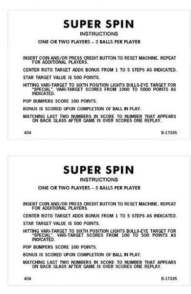 B-17335 - SUPER SPIN (Gottlieb) Score Cards (6) - Marco Specialties ...