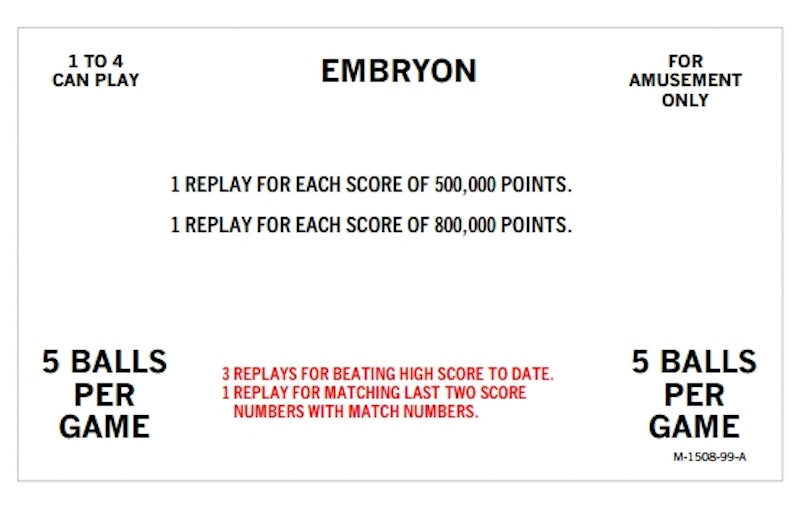M-1508-99 - EMBRYON (Bally) Score Cards - Marco Specialties Pinball Parts