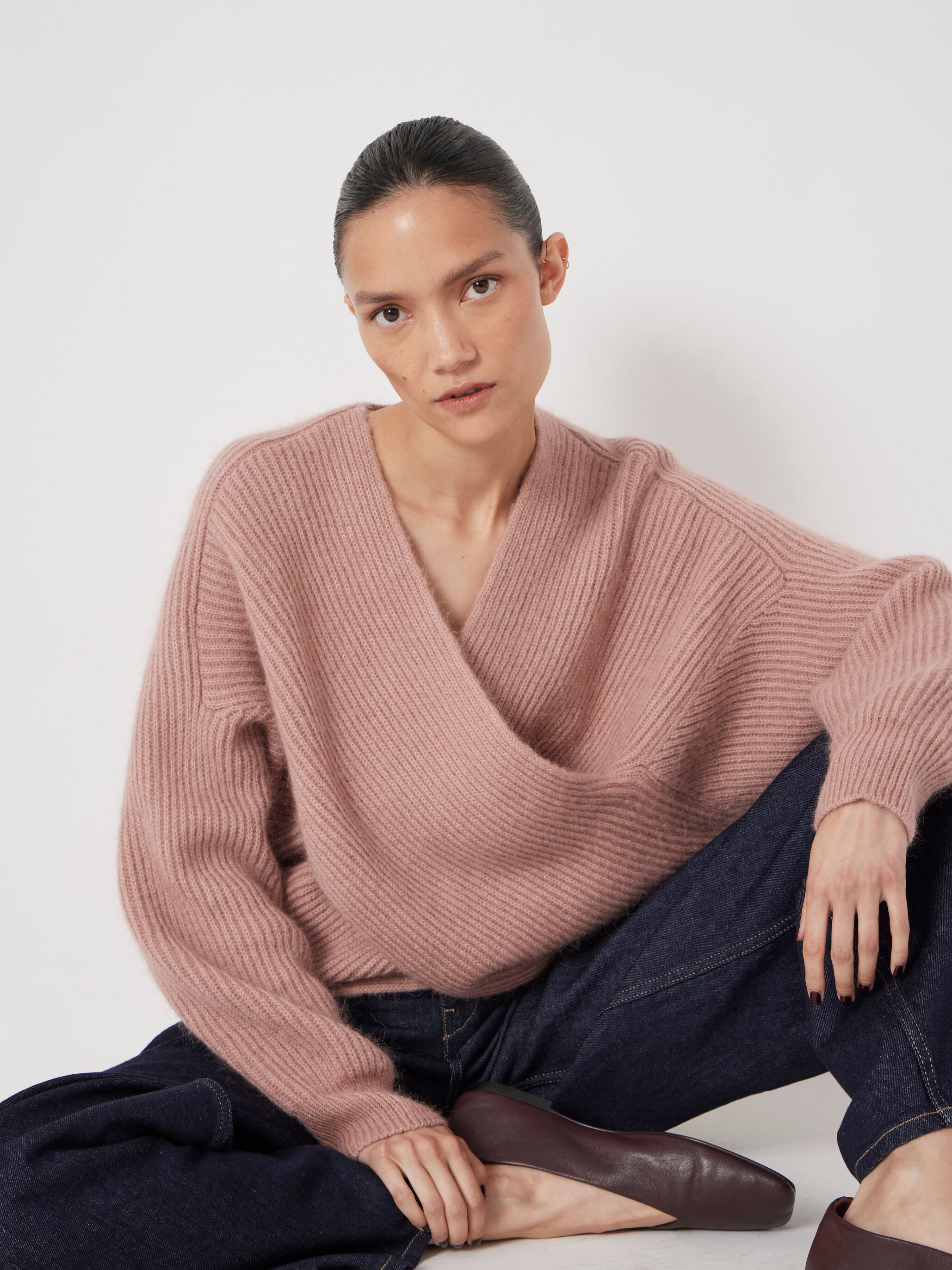 Betty Fluffy Cross Front Jumper | Rosewood Pink | hush