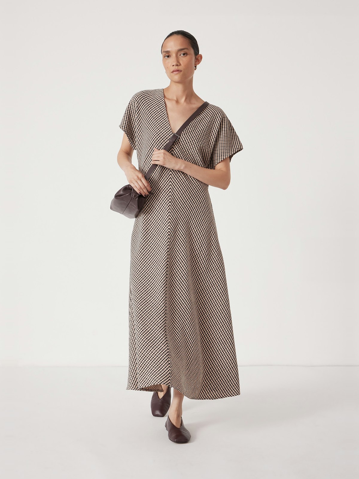 Grace Jersey Gingham Check V-Neck Maxi Dress | Taupe Brown | hush