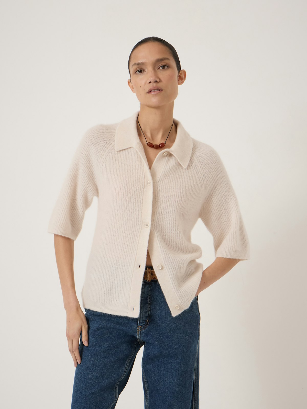 Jinny Wool Blend Short Sleeve Cardigan | Stone White | hush
