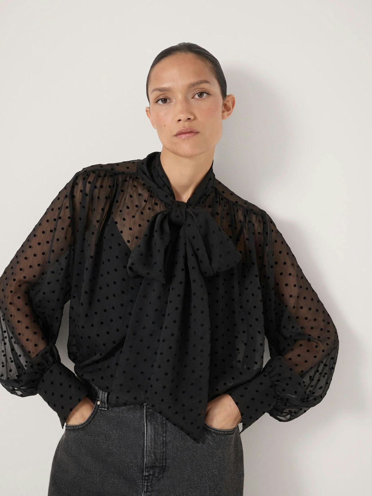 Tie Neck Flocked Spot Blouse | Black | hush