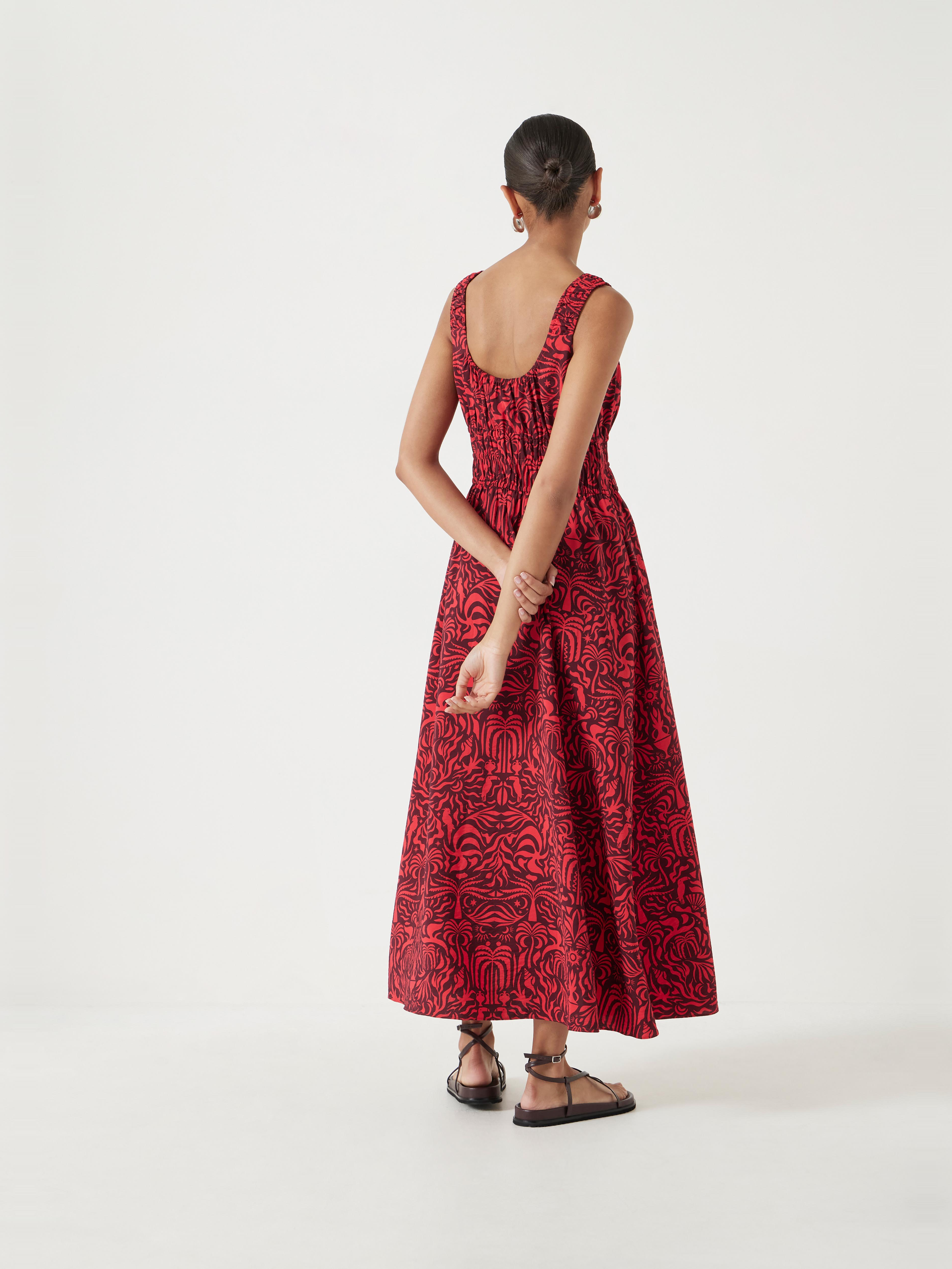 Air Flow Gathered Straps Midi Dress | Lotus Red | hush