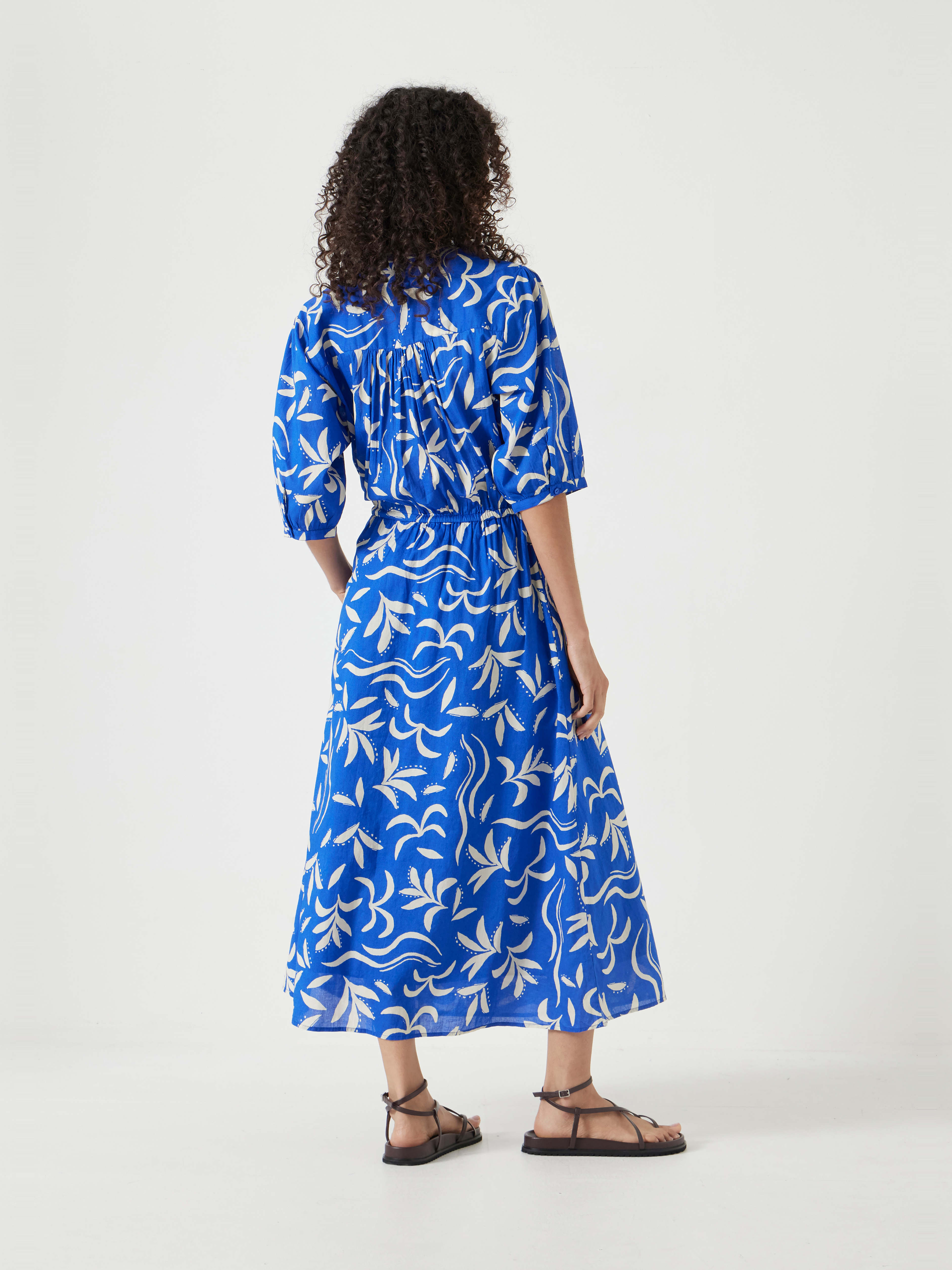 Lhea Printed Midi Cotton Dress | Abstract Palm Blue | hush