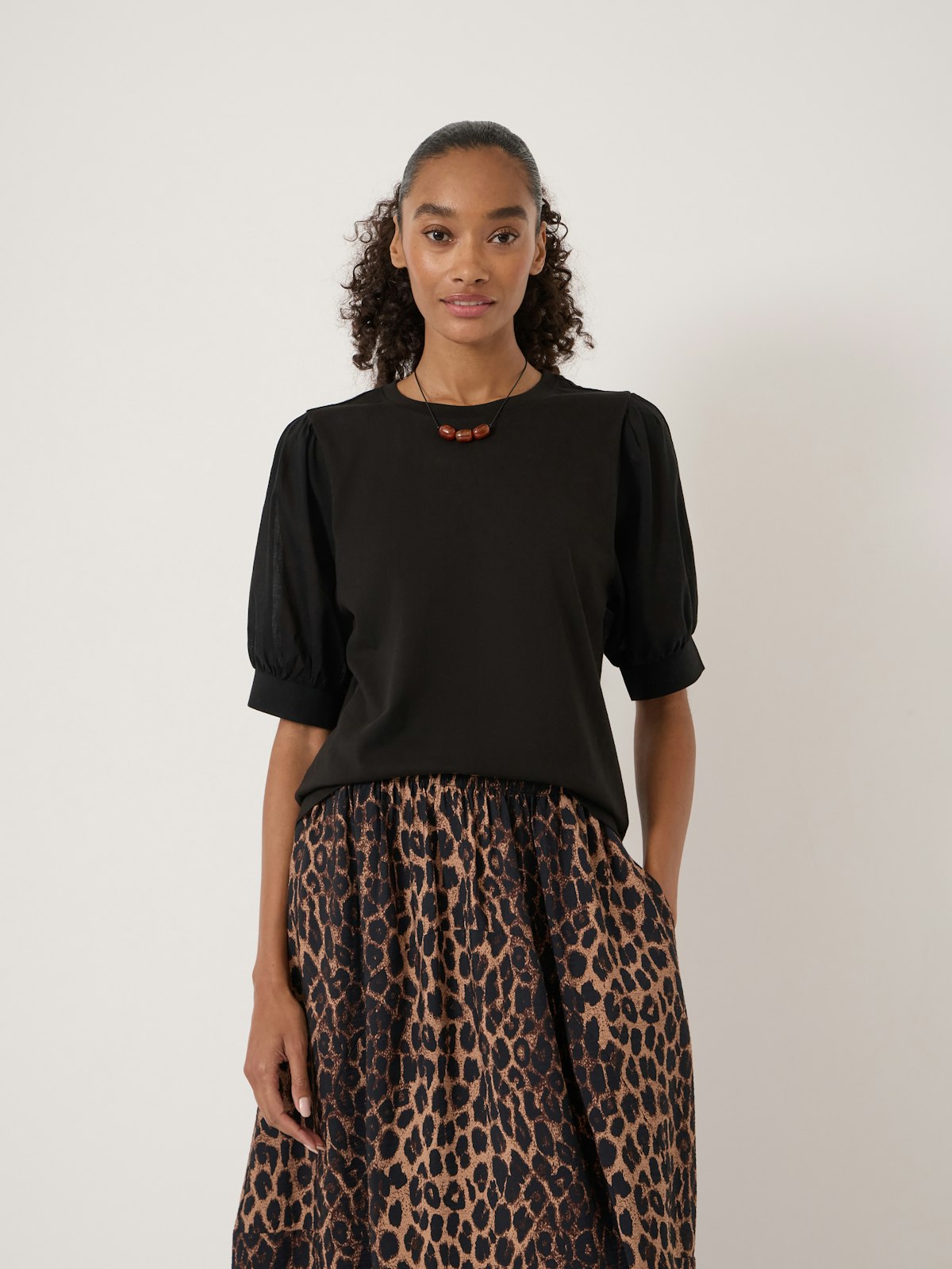 Talia Cotton Woven Puff Sleeve T-Shirt | Black | hush