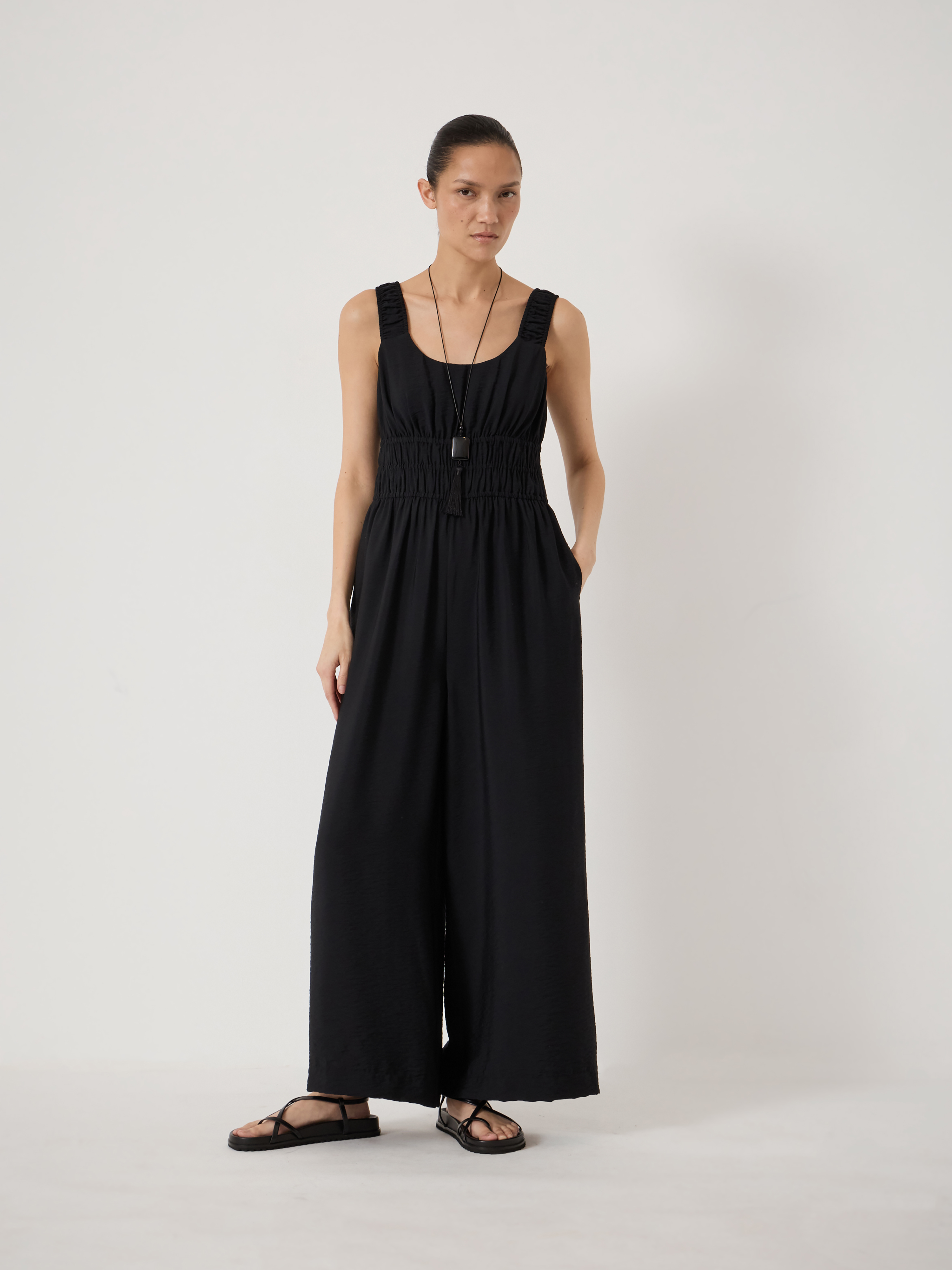 Wrenna Gathered Straps Jumpsuit | Black | hush