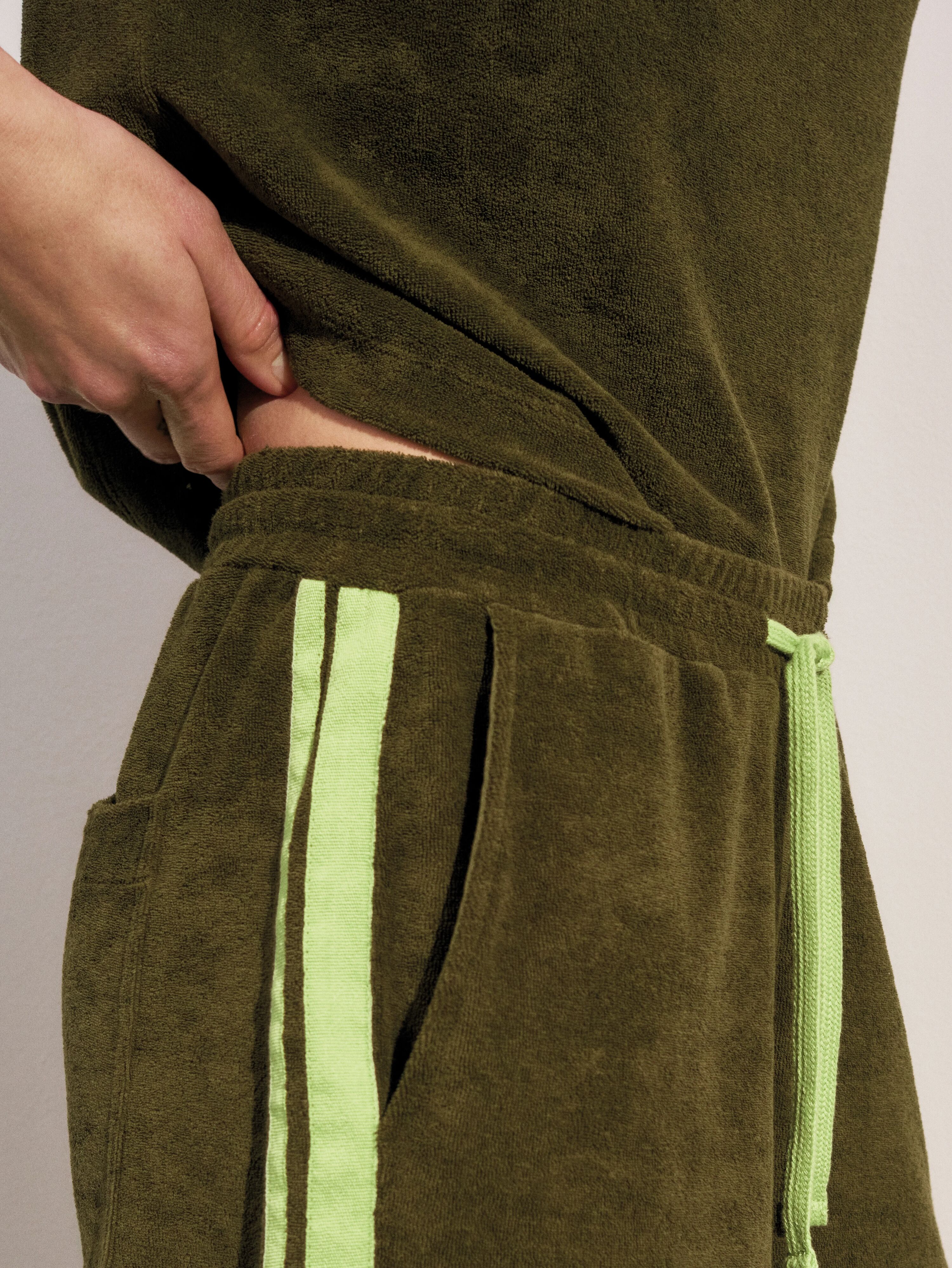 Mavis Towelling Drawstring Pull On Shorts | Dark Olive | hush
