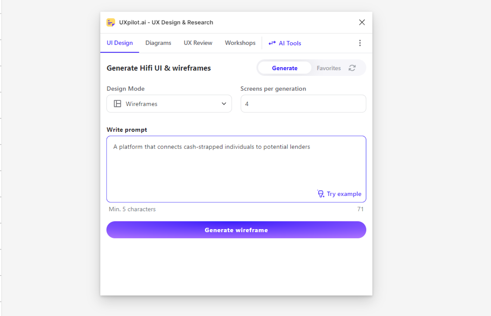 Generate Wireframes in Figma with UX Pilot AI