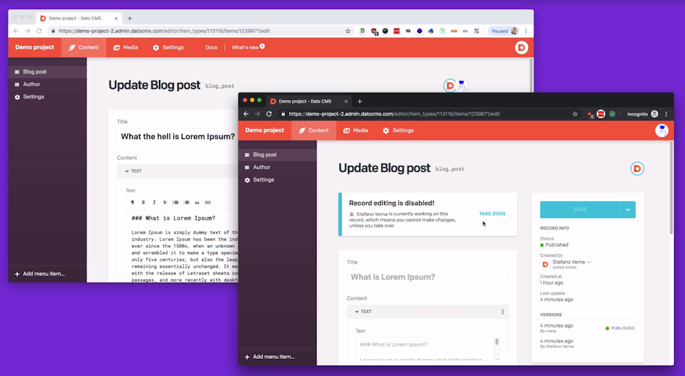 Collaboration features — DatoCMS