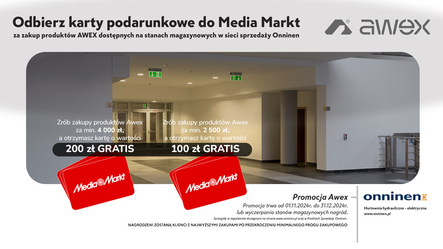 Promocja Awex - 2 karty podarunkowe Media Markt gratis! - Hurtownia Onninen
