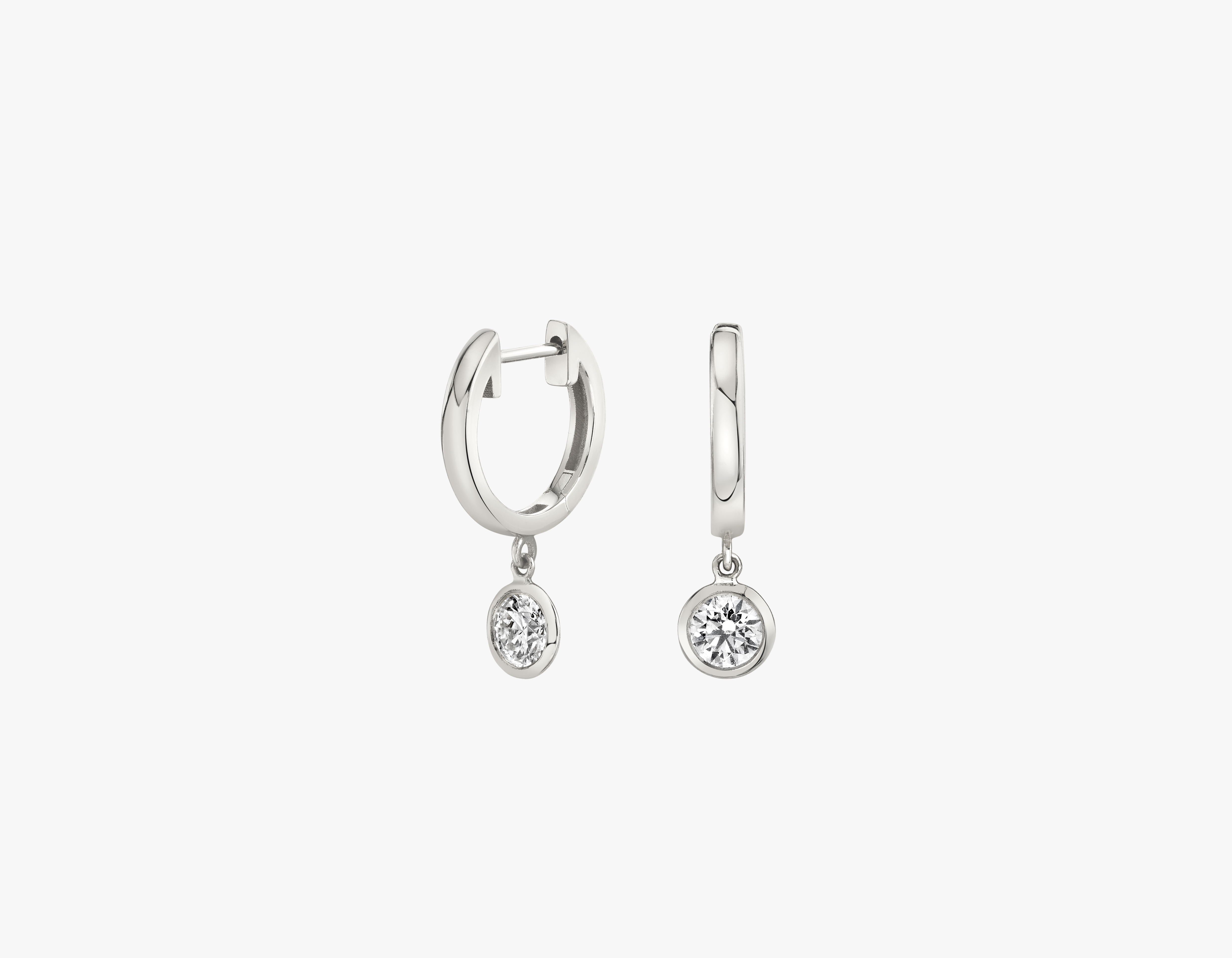 Knife-Edge Bezel Drop Huggie Hoops in White Gold | Round Brilliant Cut ...
