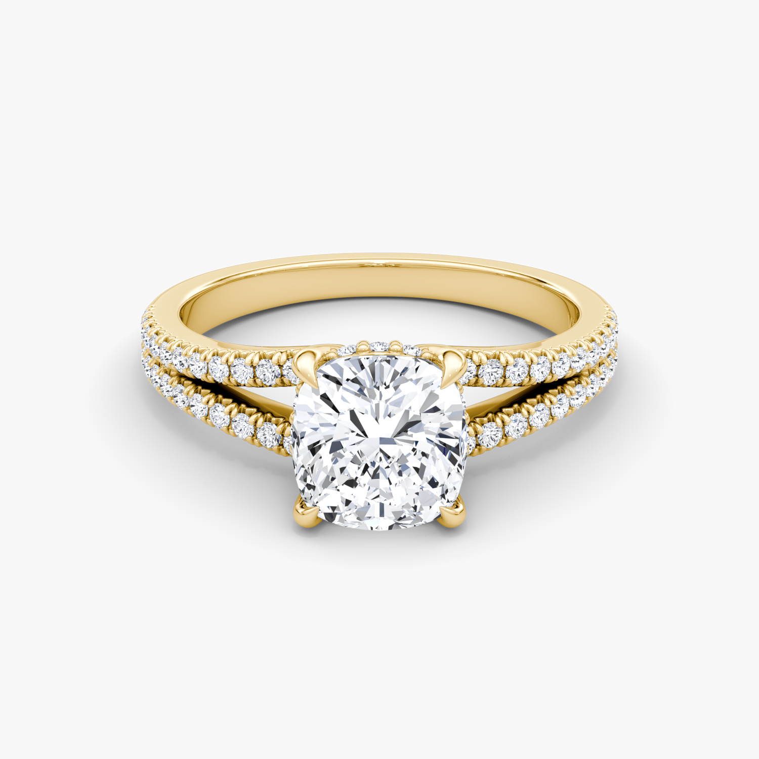 The Floating Split Band Cushion Engagement Ring | Pave Band | Yellow Gold
