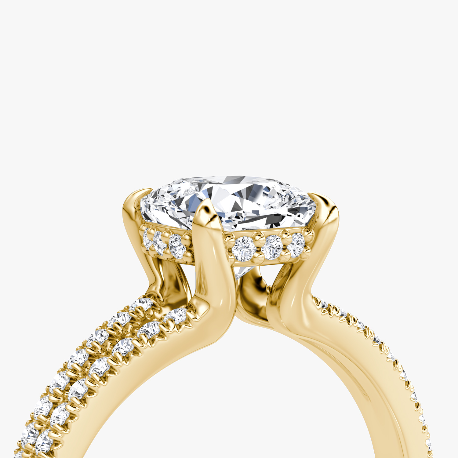 The Floating Split Band Cushion Engagement Ring | Pave Band | Yellow Gold