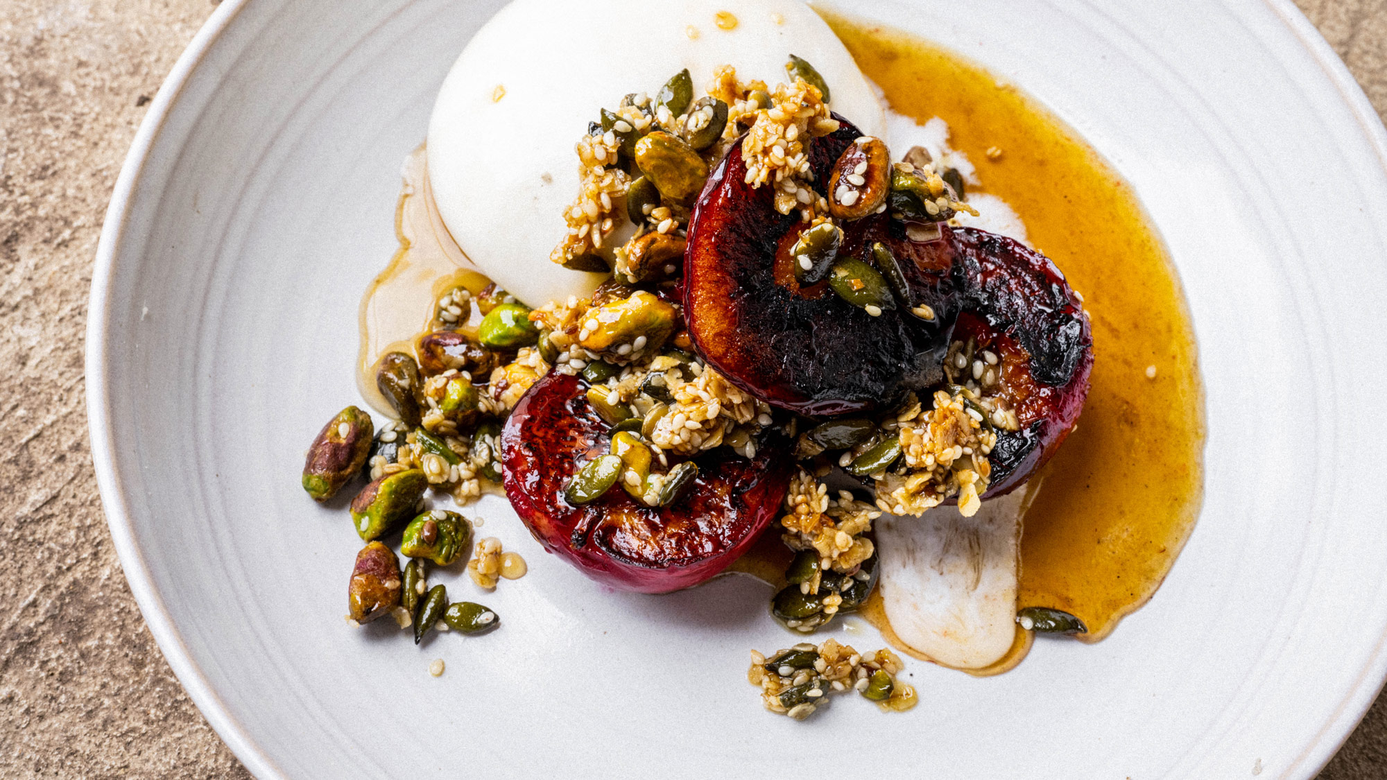 Burnt Plums with Burrata, Pine Honey & Granola | Ceramic Charcoal BBQs ...
