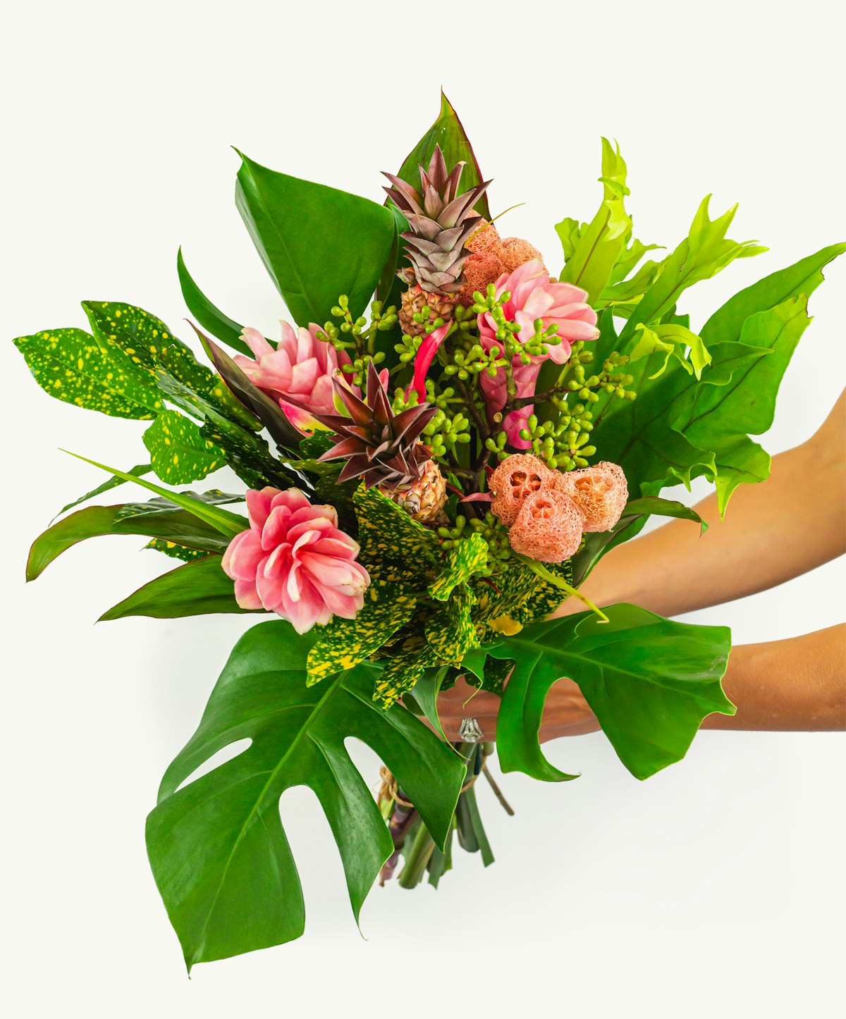 Pink Paradise | A tropical bouquet with pink ginger, monstera leaves ...