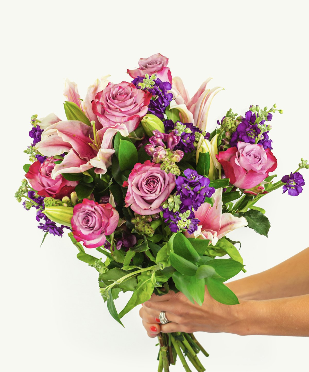 Royalty | Purple roses with pink oriental lilies and stock | Fresh ...