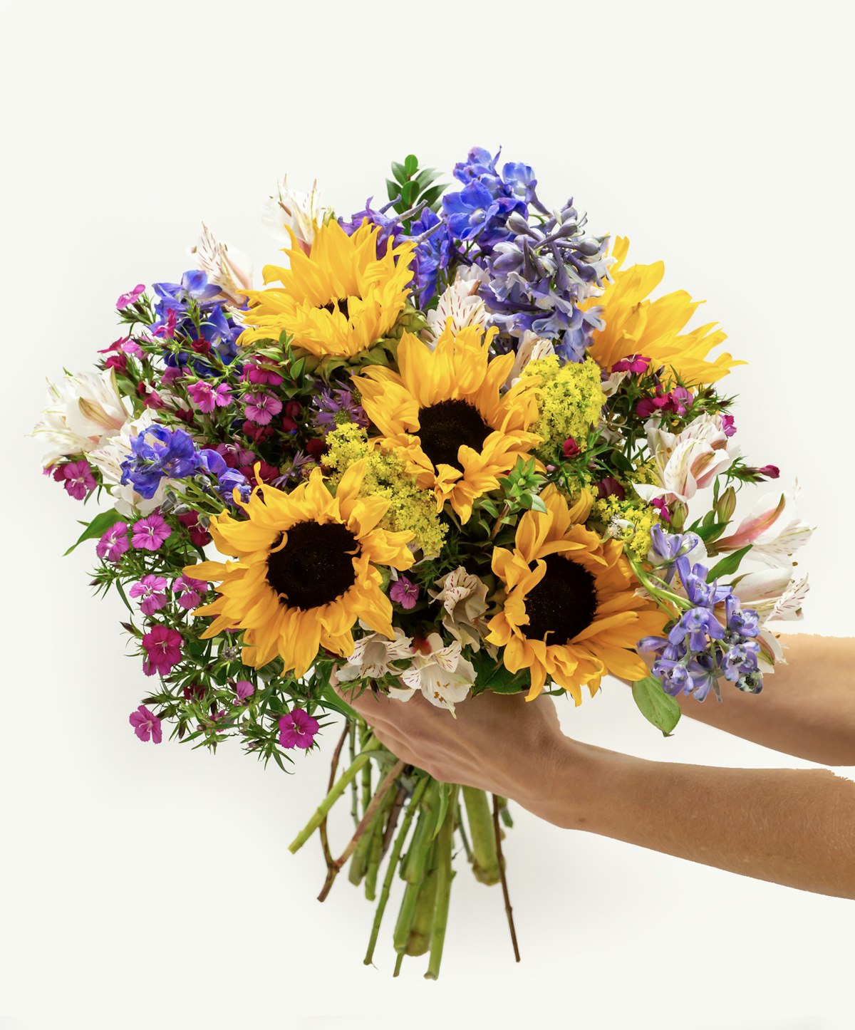 Sweet Like Honey | Sunflowers with white alstroemerias and delphinium ...