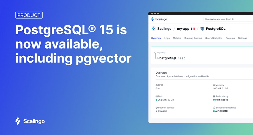New: Database PostgreSQL® 15 is now available, with pgvector! New: Database PostgreSQL® 15 is now available, with pgvector!