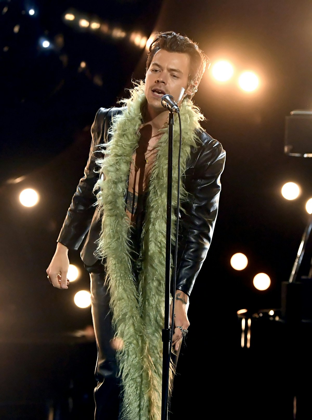 Harry Styles Opens the Grammys Shirtless in a Leather Suit and Feather ...