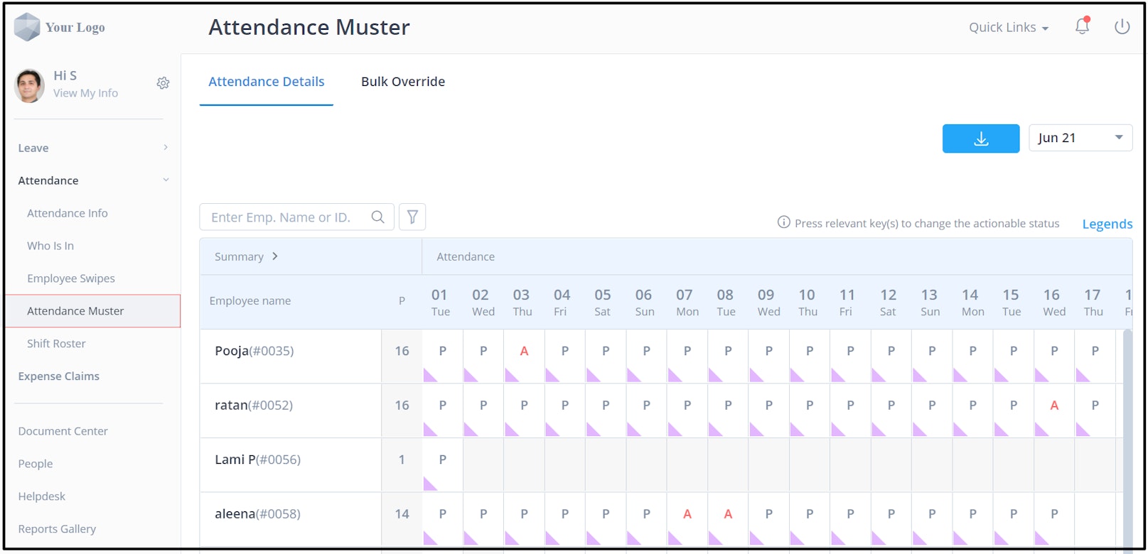 View attendance muster of team members