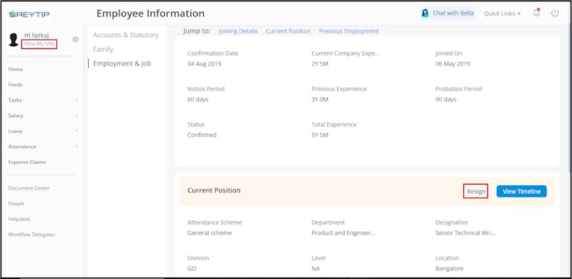 Apply, view and withdraw resignation application