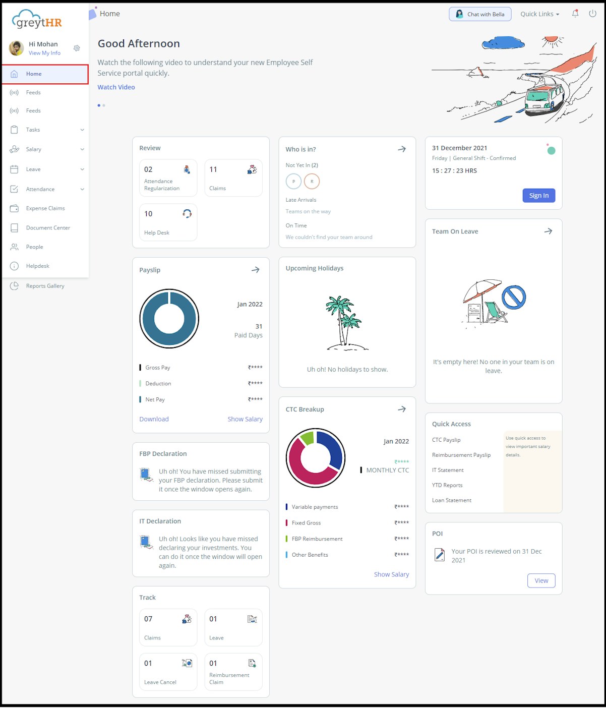 Understand greytHR's ESS Home page