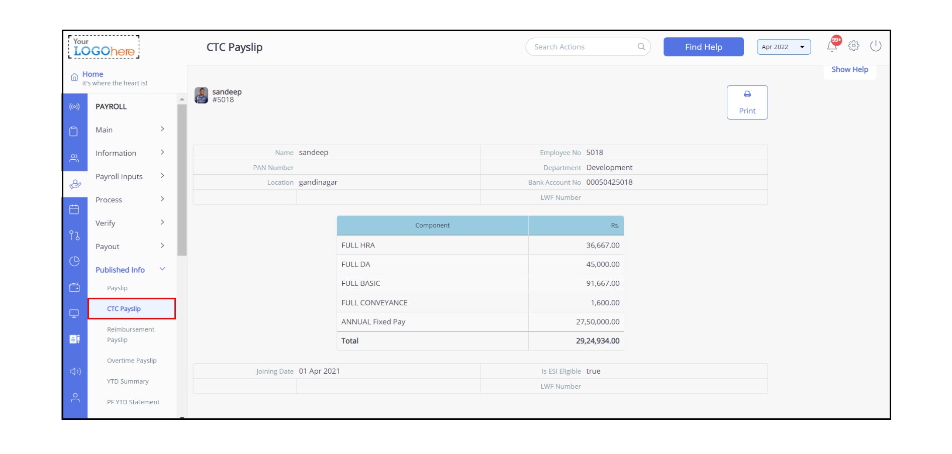 View and download employee's CTC payslip