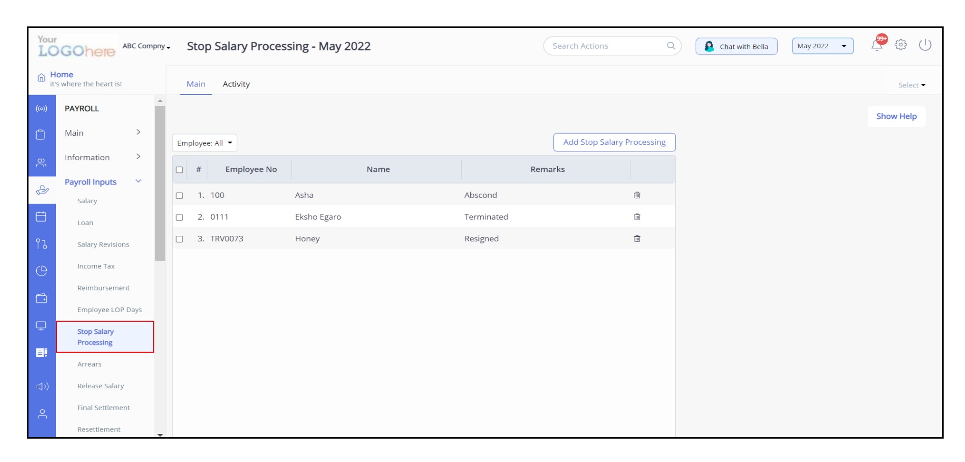 Stop salary processing of an employee