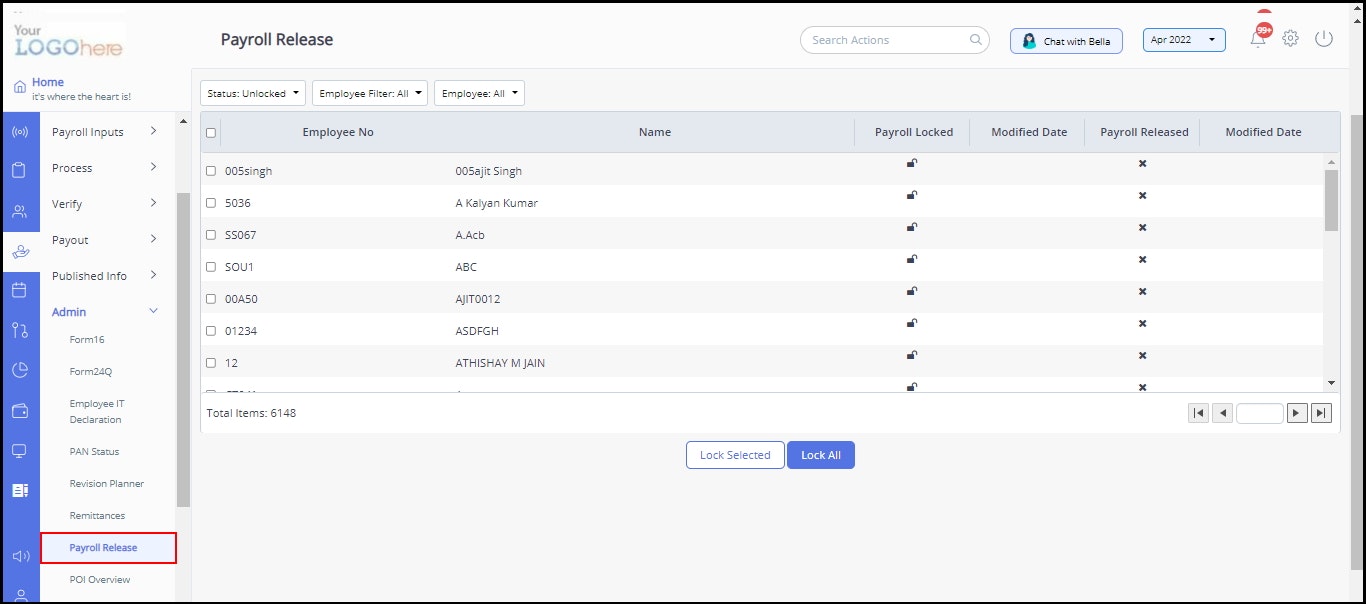 Lock payroll and release payslips for selected employees