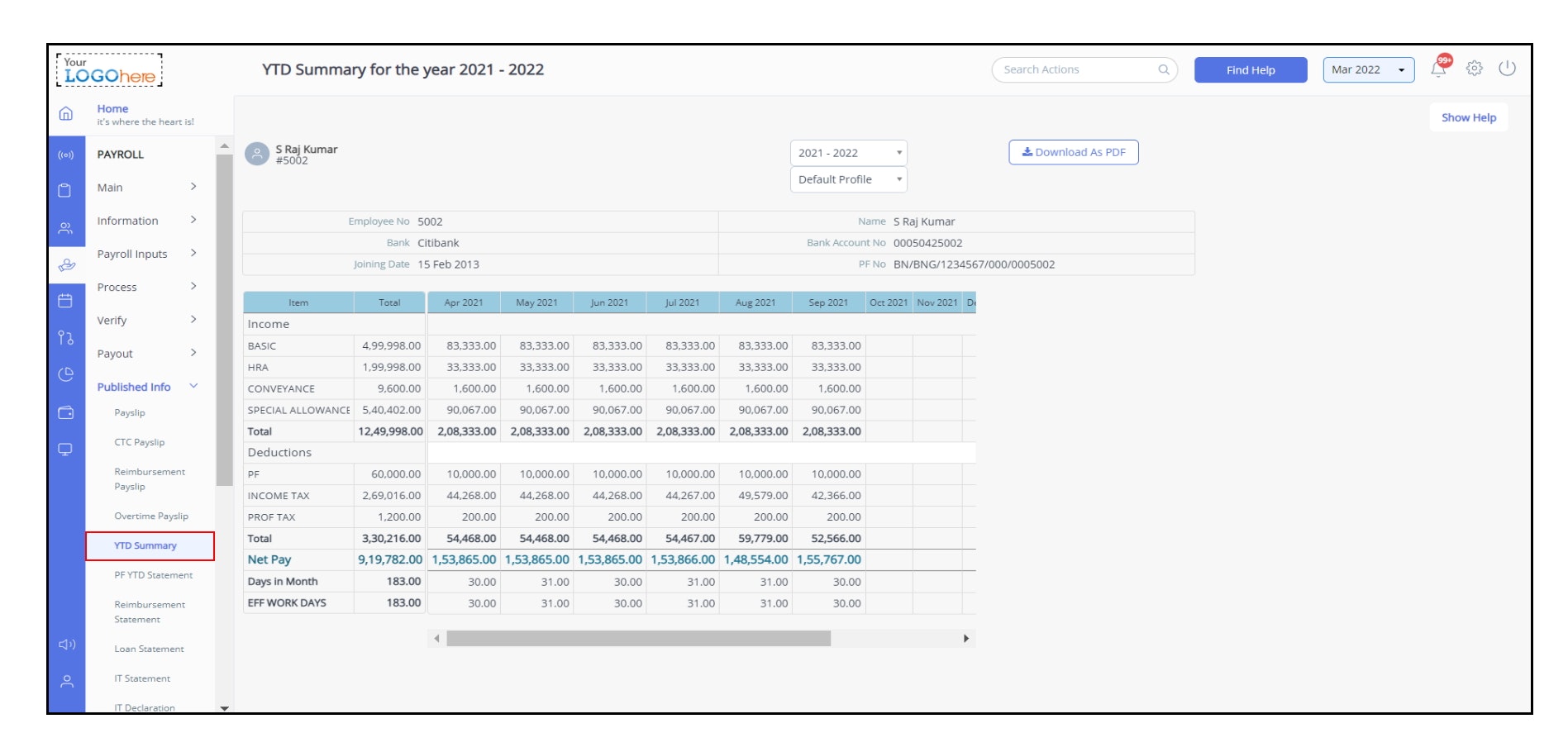 View and download employee's YTD summary