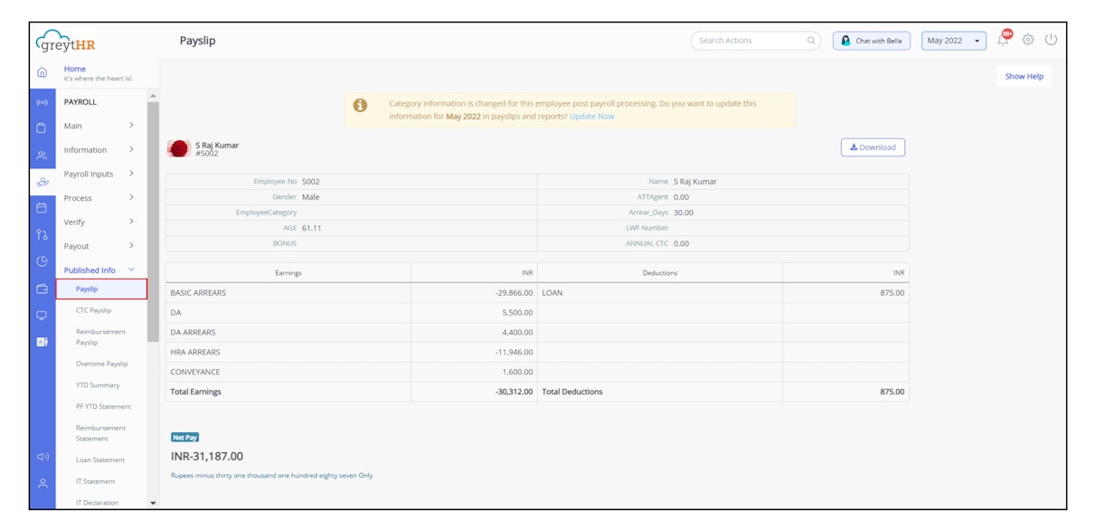 View and download employee's payslip