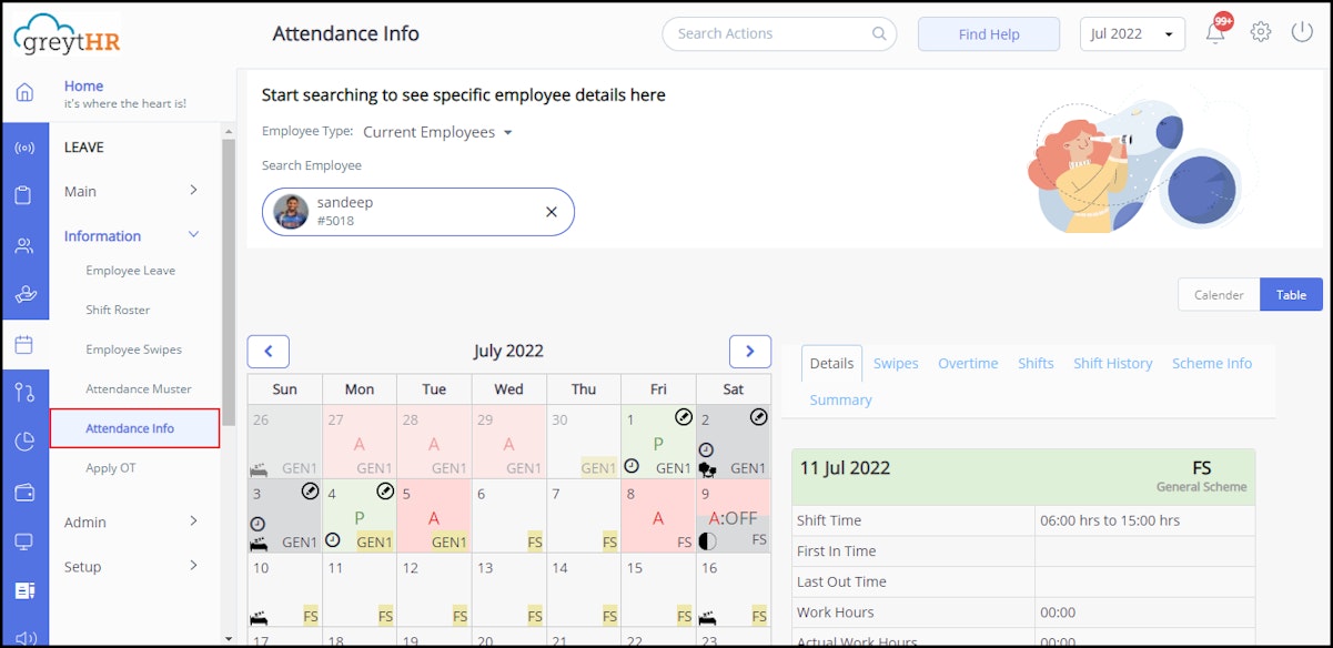 View employee’s attendance details