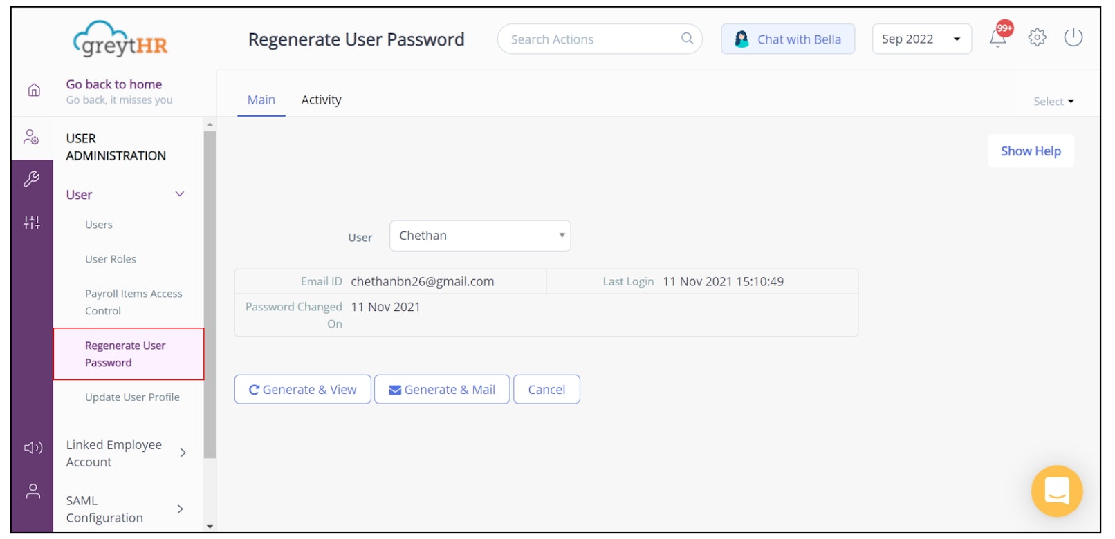 Regenerate ESS password for an employee