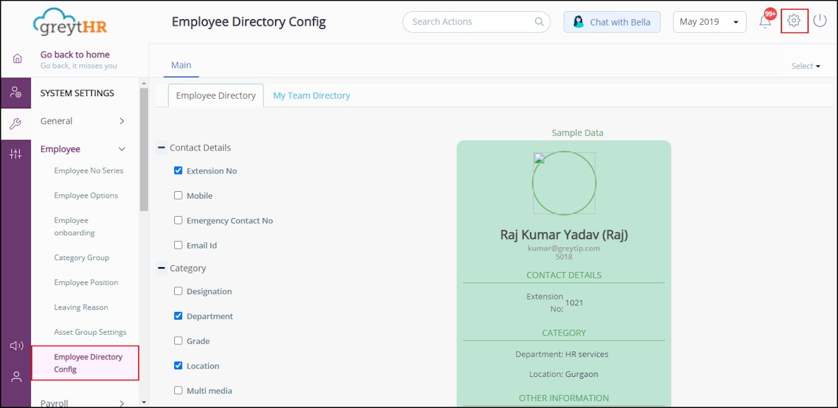 Employee details in employee/team directory