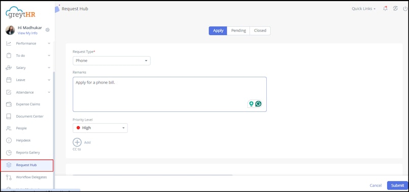 Apply for requests using greytHR Request Hub