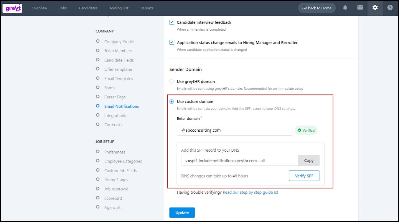 Configure/set up email sender domain and SPF in greytHR