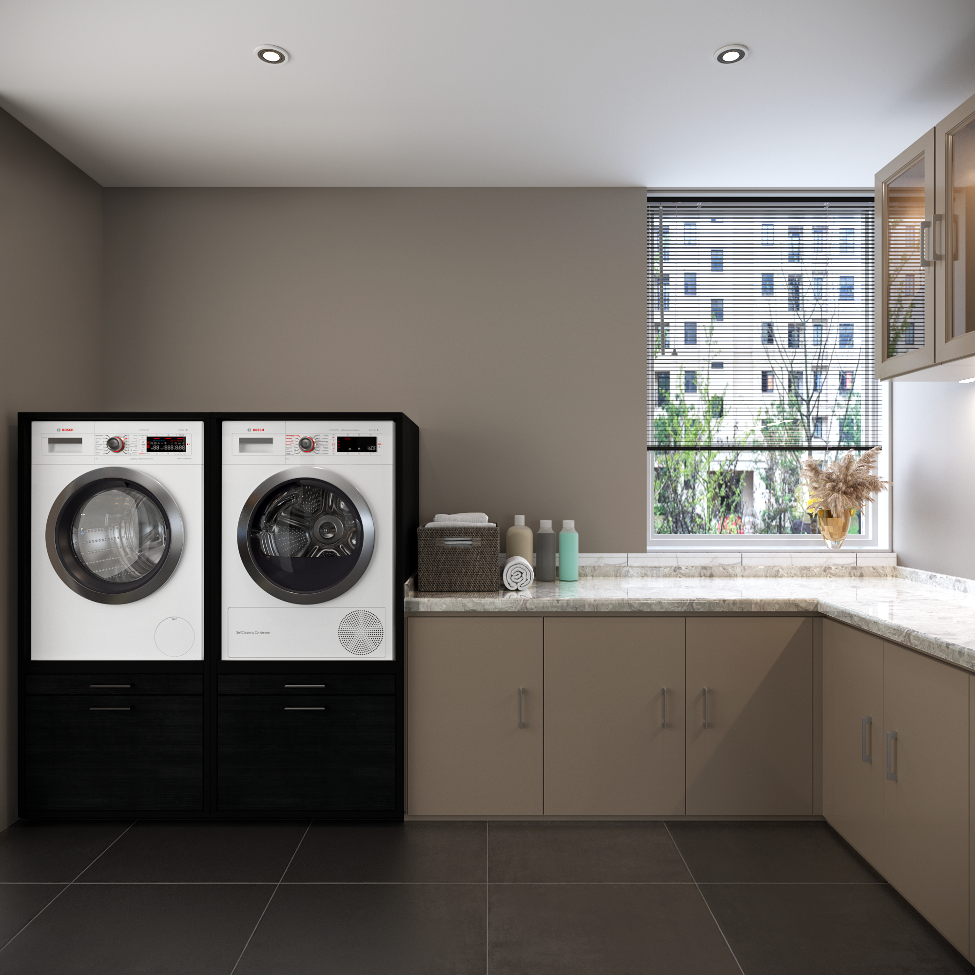 Black Double raised washing machine & dryer cupboard with pull-out tray ...