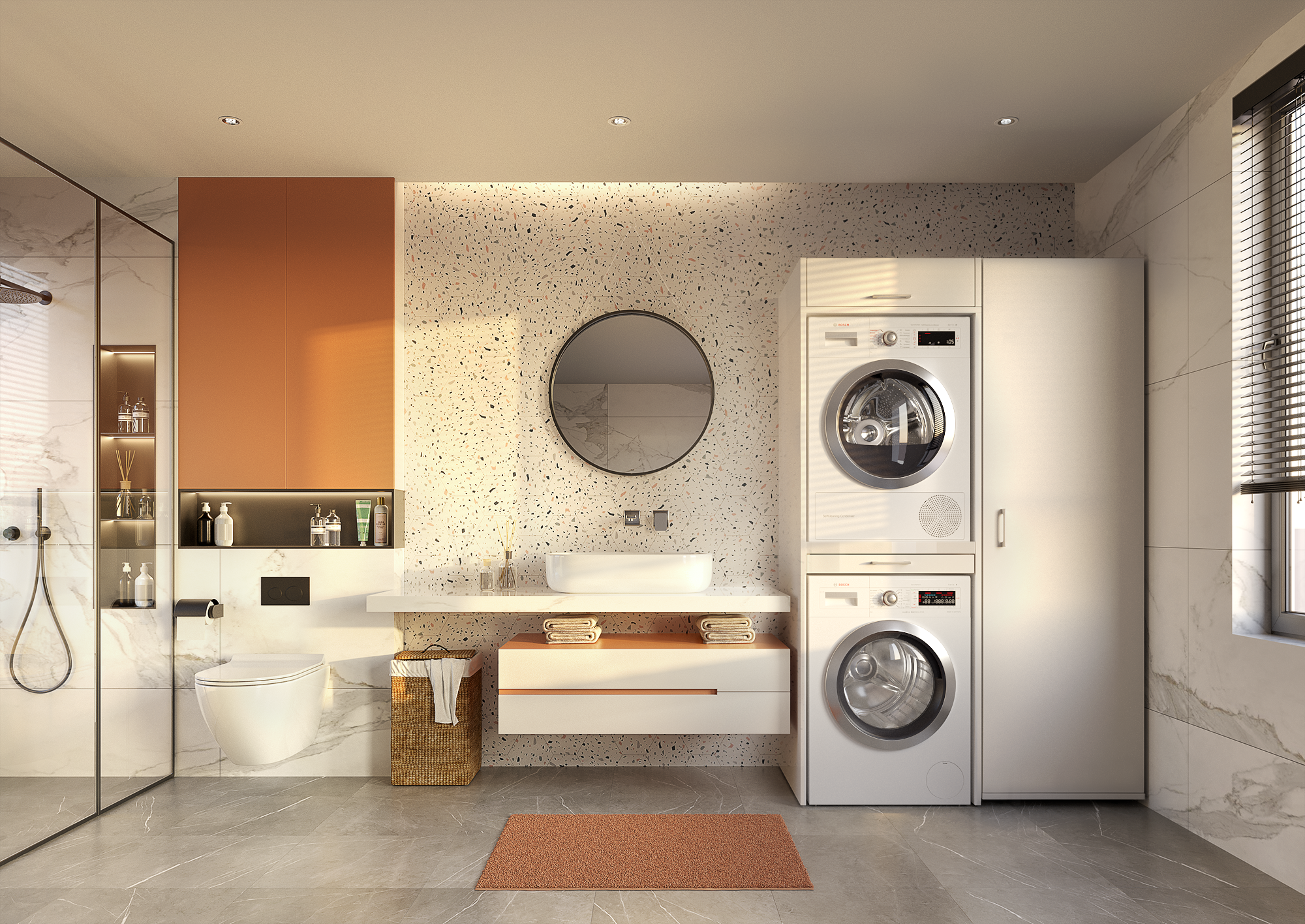 Where should a washing machine be placed in a bathroom? | Washtower