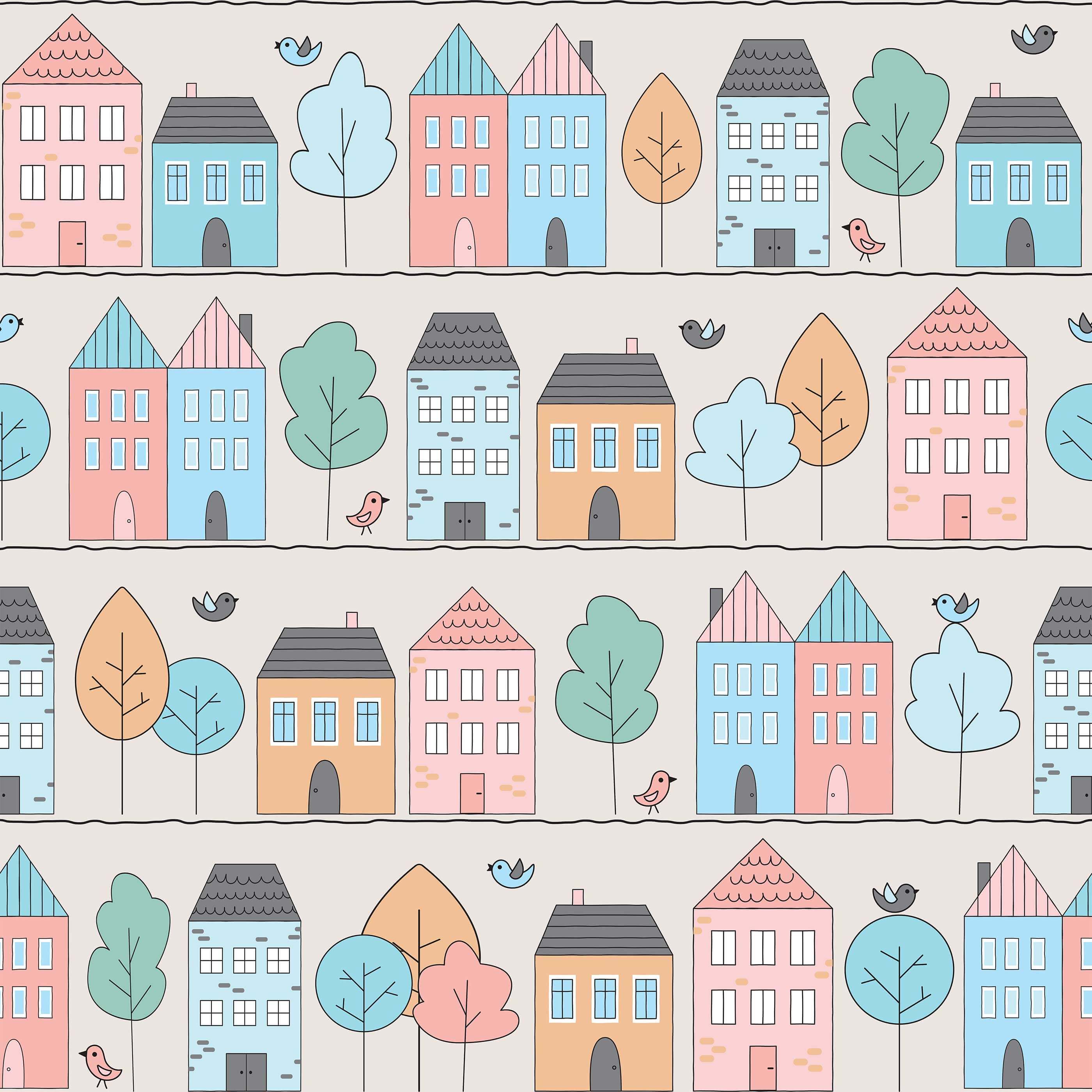 Children's Toy Town Wallpaper | House, Tree & Bird Design | Bobbi Beck