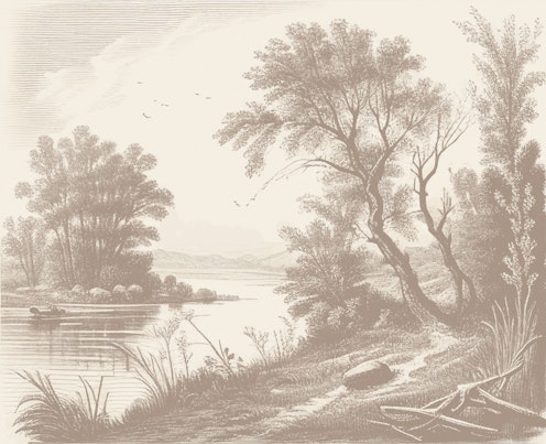 Vintage River Scene Wallpaper | Etched Design | Bobbi Beck