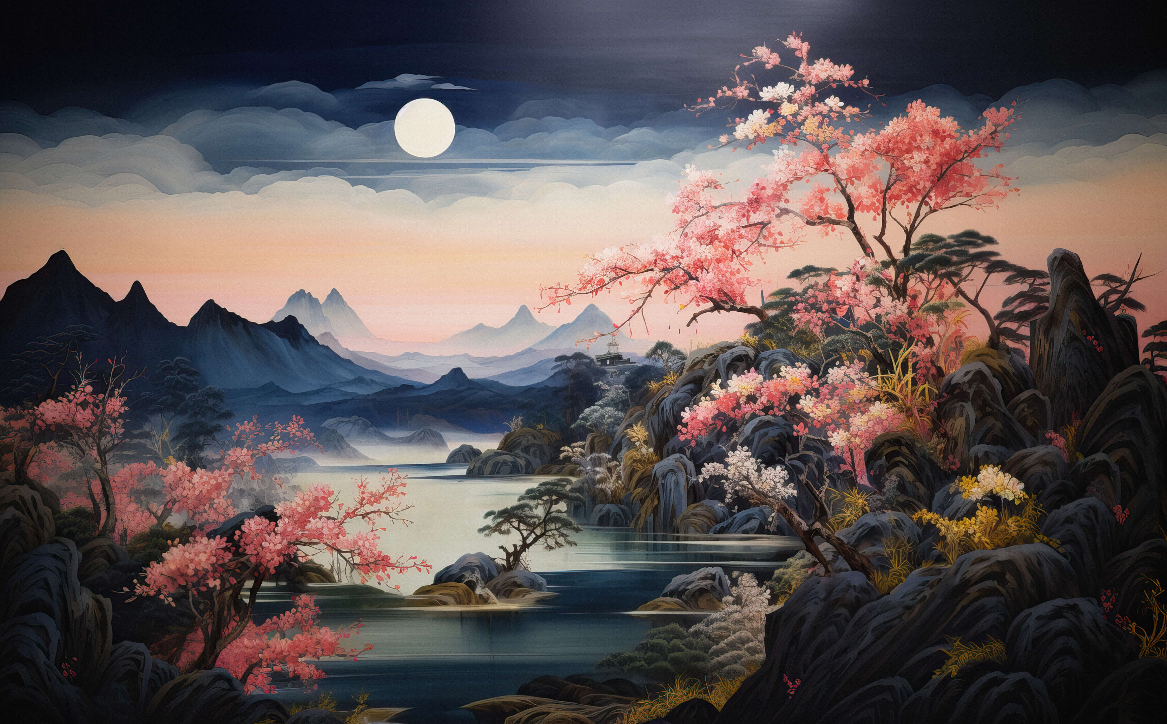 Moonlight Night Cherry Blossom Wallpaper Mural | Bobbi Beck
