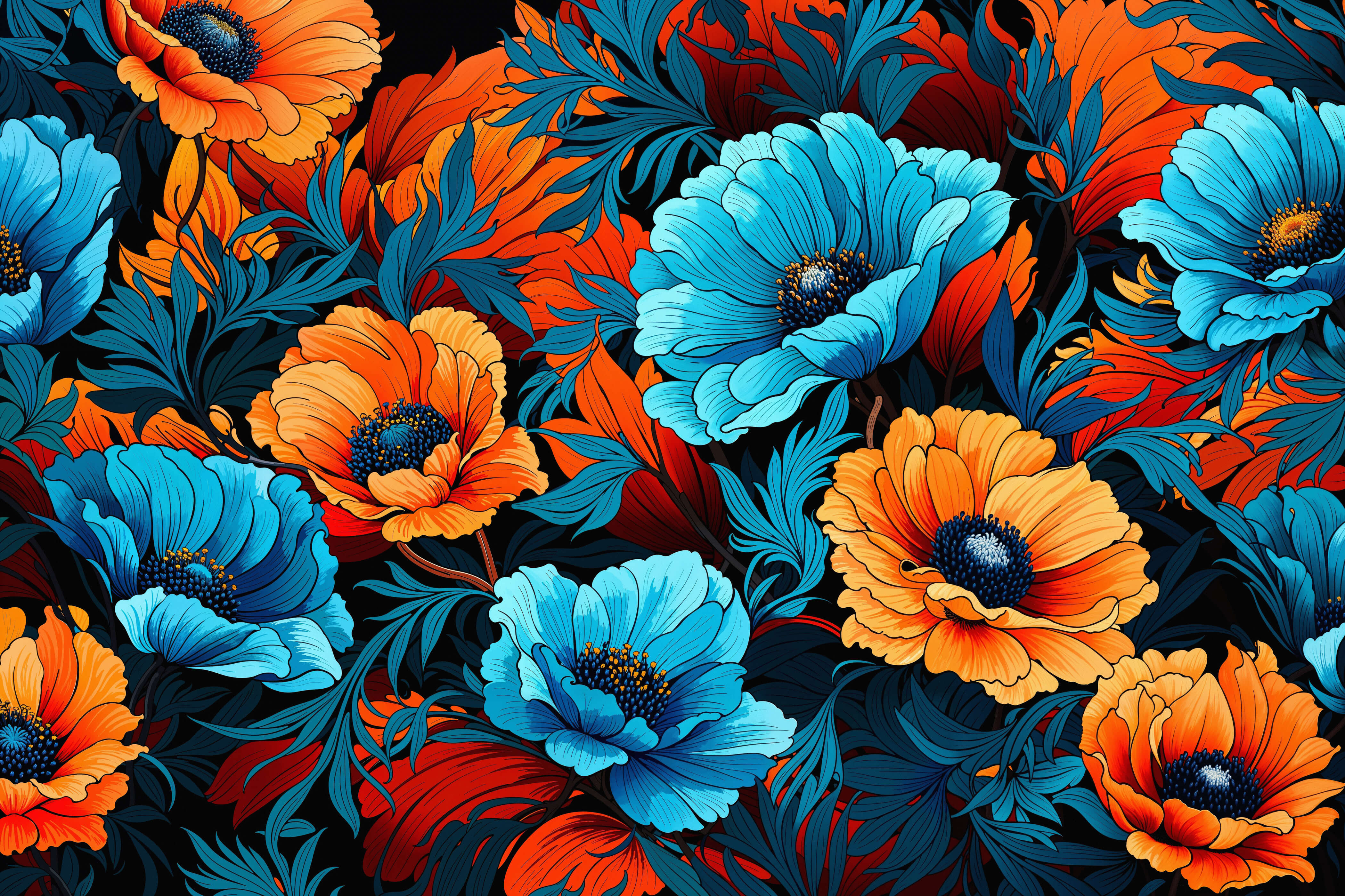 Bright Blue & Orange Floral Wallpaper Mural | Bobbi Beck