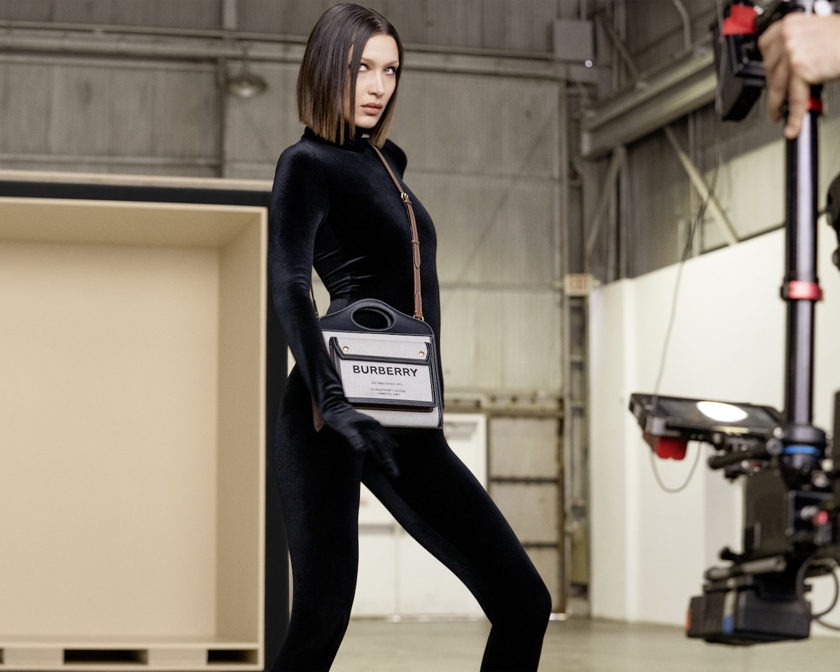 See how Bella Hadid release her wild side for the new Burberry Pocket Bag