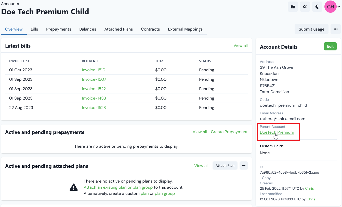 Working with Parent/Child Accounts - m3ter Documentation